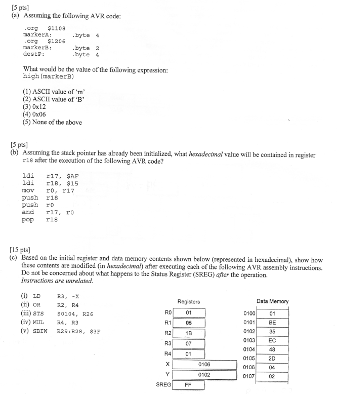 Solved [5 pts] (a) Assuming the following AVR code: .org | Chegg.com