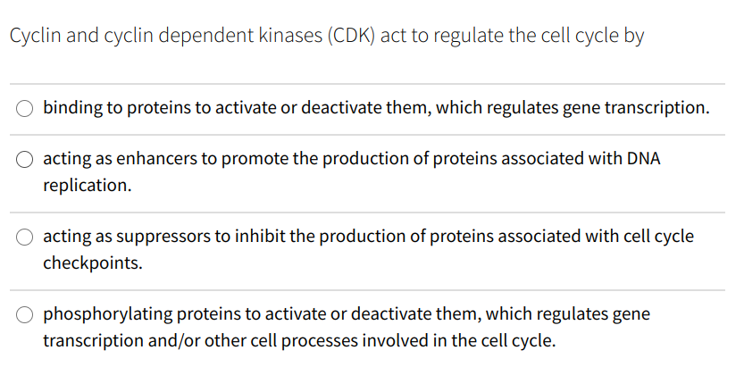 Solved Cyclin and cyclin dependent kinases (CDK) act to | Chegg.com