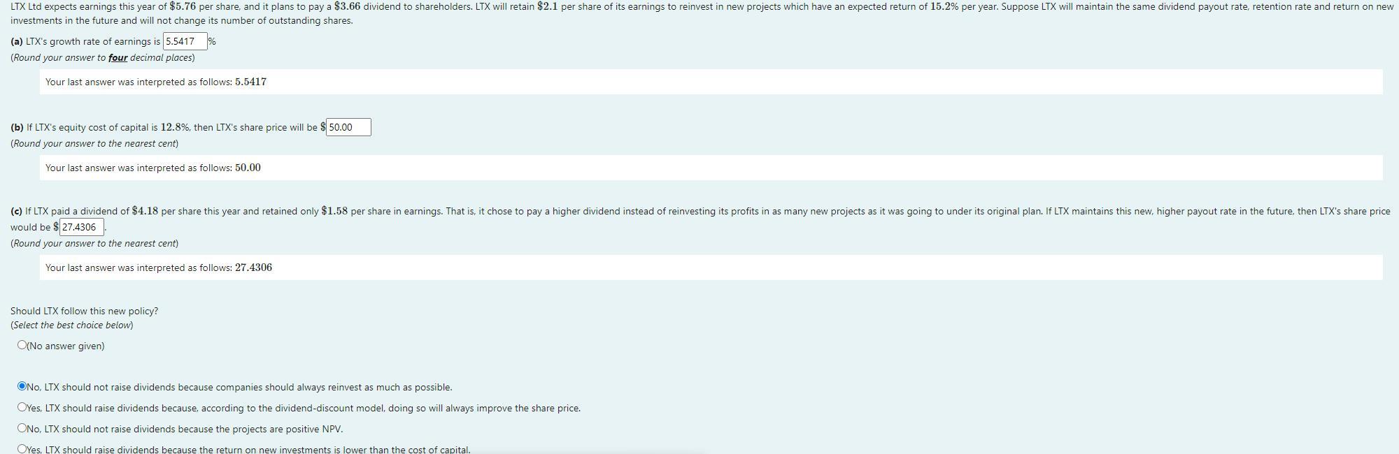 Solved LTX Ltd expects earnings this year of $5.76 per | Chegg.com
