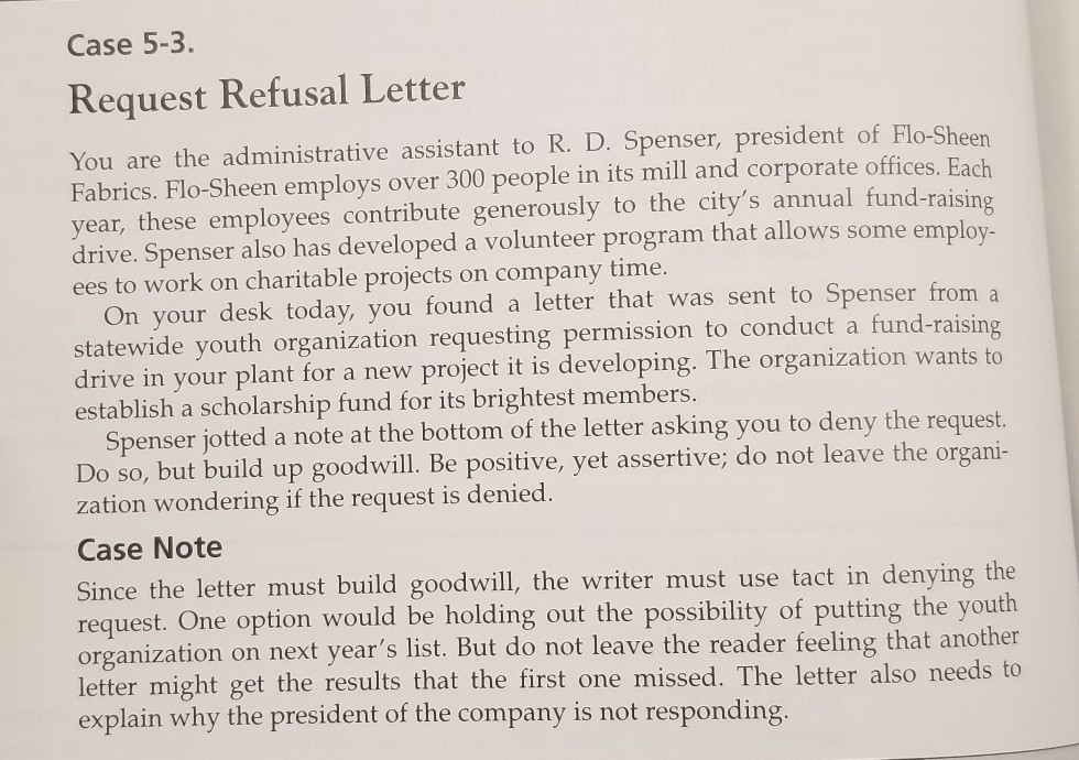 Solved Case 5-3. Request Refusal Letter You are the | Chegg.com