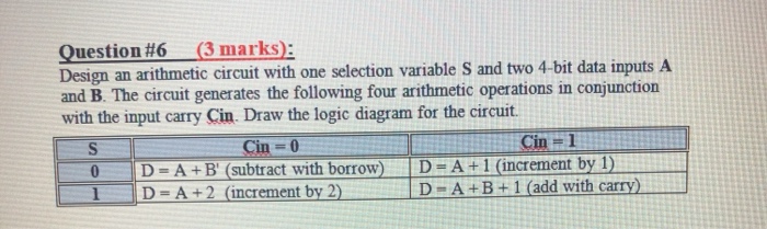 Solved Question #6 (3 marks): Design an arithmetic circuit | Chegg.com