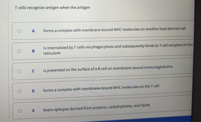 Solved T cells recognize antigen when the antigen A forms a | Chegg.com