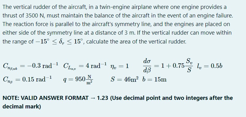 Solved The vertical rudder of the aircraft, in a twin-engine | Chegg.com