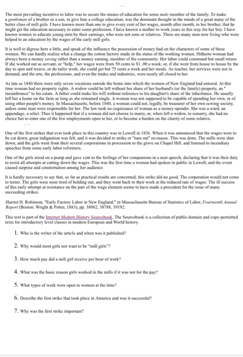 Solved Modern History Sourcebook: Harriet Robinson: Lowell | Chegg.com
