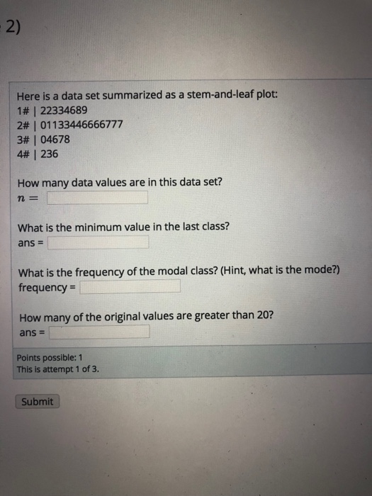 Solved 2) Here is a data set summarized as a stem-and-leaf | Chegg.com