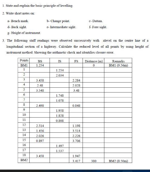 Solved 1. State and explain the basic principle of levelling | Chegg.com