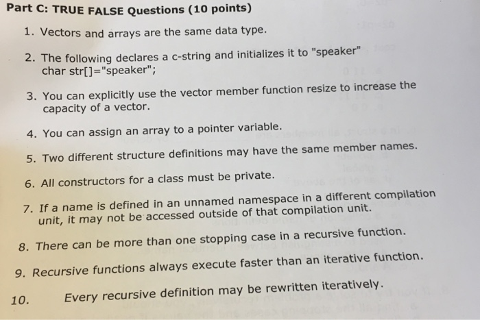 Solved Part C: TRUE FALSE Questions (10 points) 1. Ve ctors | Chegg.com