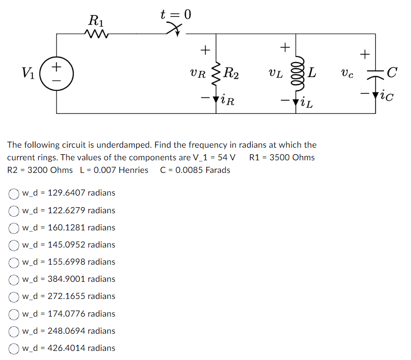 Solved The following circuit is underdamped. Find the | Chegg.com