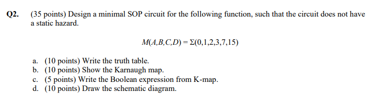 Solved Q2. (35 points) Design a minimal SOP circuit for the | Chegg.com