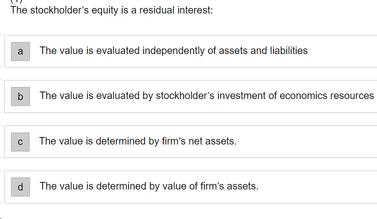 Solved The stockholder's equity is a residual interest: The | Chegg.com