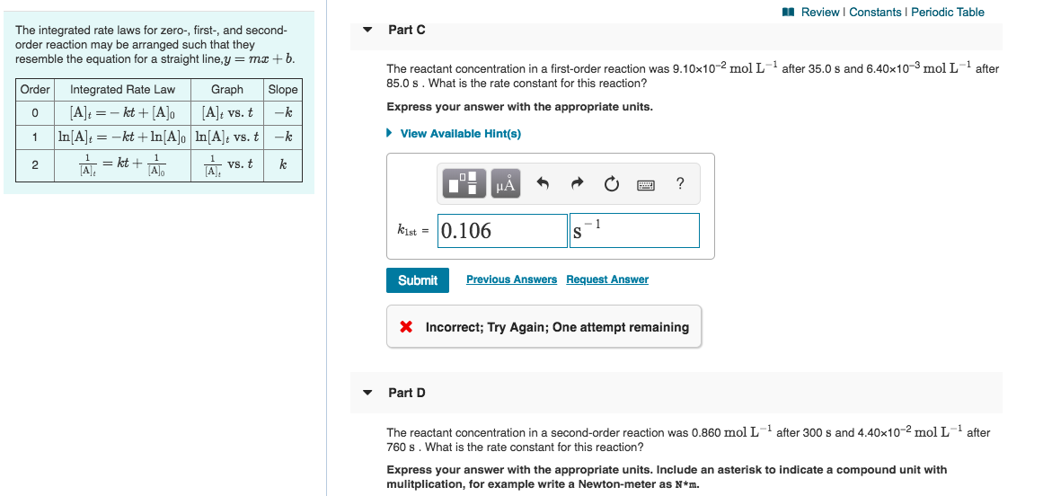 Solved Review Constants Periodic Table Part C The integrated | Chegg.com
