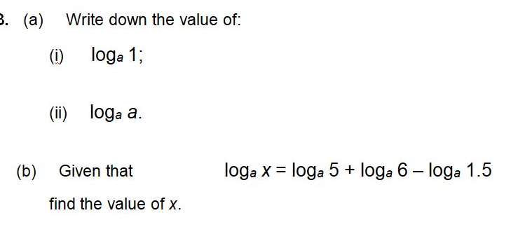 Solved B. (a) Write down the value of: (1) loga 1; (ii) loga | Chegg.com