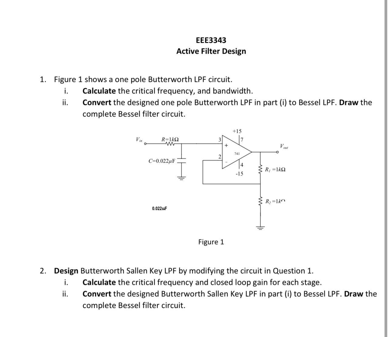 Solved EEE3343 ﻿Active Filter Design 1. ﻿Figure 1 ﻿shows a | Chegg.com