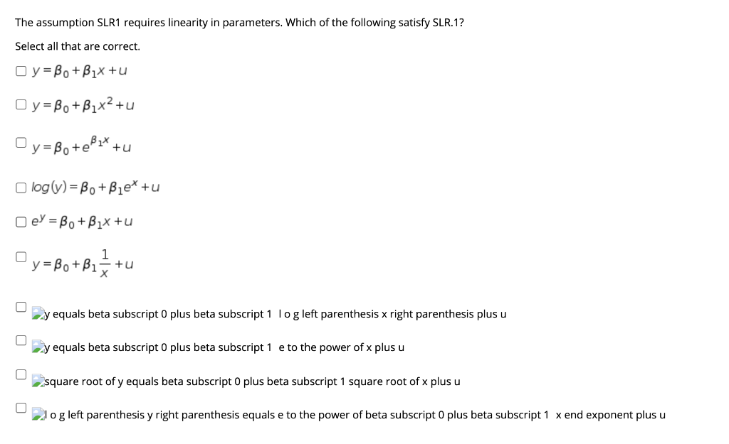 Solved The assumption SLR1 requires linearity in parameters. | Chegg.com