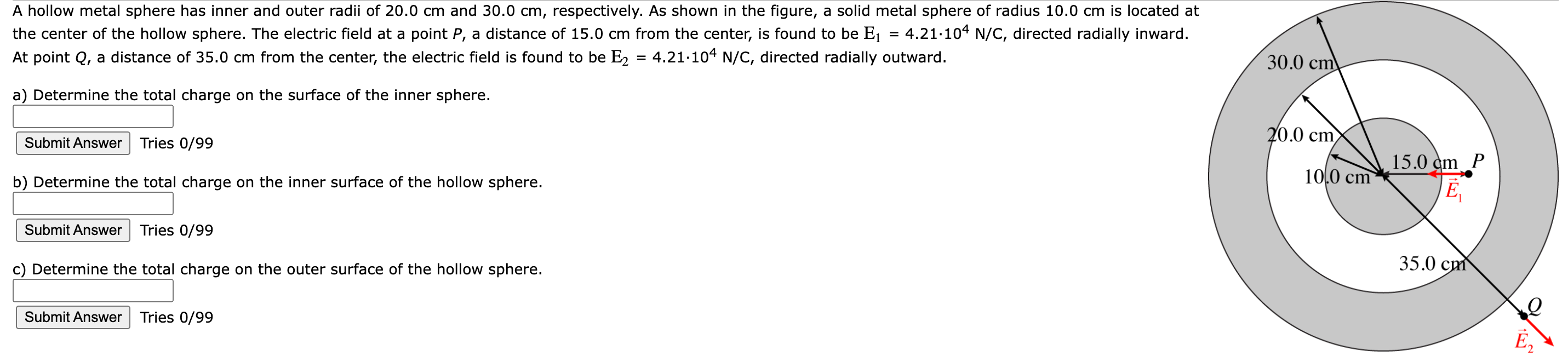 Solved A hollow metal sphere has inner and outer radii of | Chegg.com