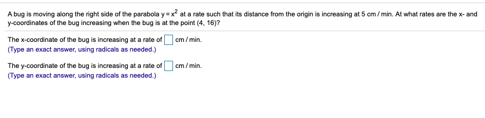 Solved A bug is moving along the right side of the parabola | Chegg.com