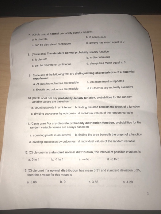 Solved Circle One A Random Variable A Assigns 