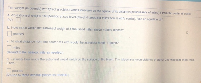 Solved The weight (in pounds) w t(d) of an object varies | Chegg.com