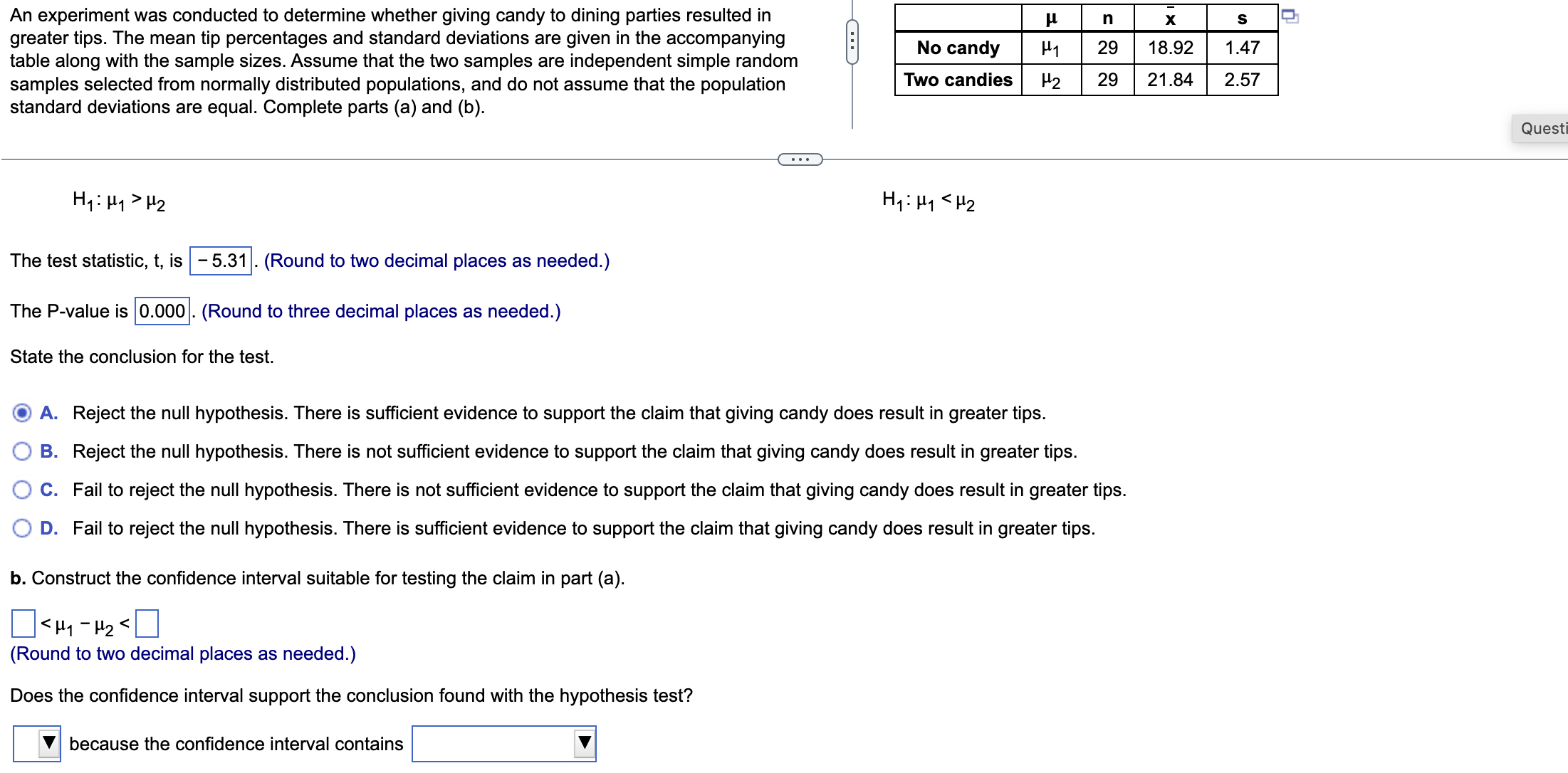 Solved An experiment was conducted to determine whether | Chegg.com