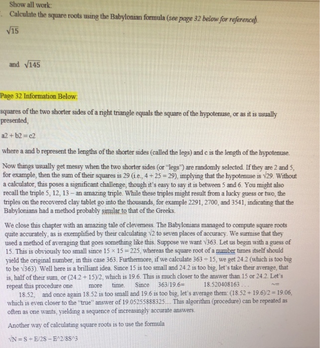 Solved Show all work Calculate the square roots using the | Chegg.com