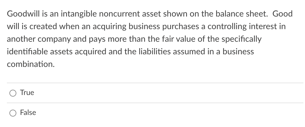 Solved Goodwill is an intangible noncurrent asset shown on | Chegg.com