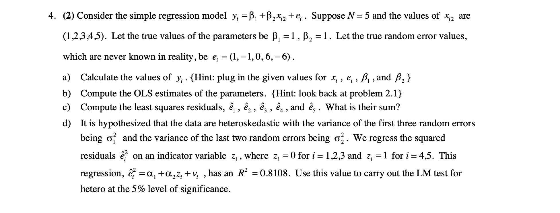 4. (2) Consider the simple regression model y; = ß, | Chegg.com