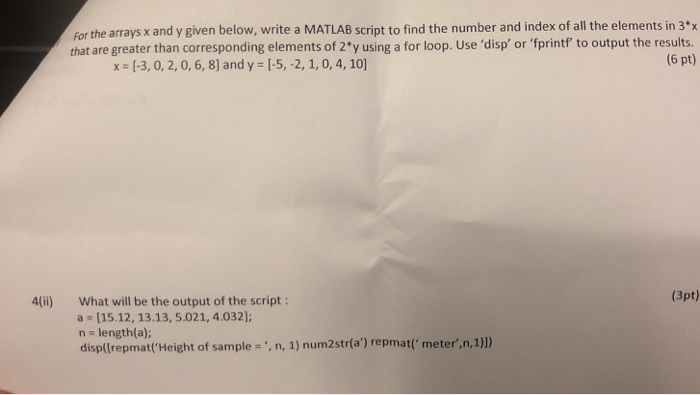 Solved For the arrays x and y given below, write a MATLAB | Chegg.com