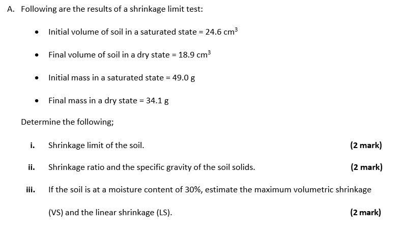 Solved A. Following are the results of a shrinkage limit | Chegg.com