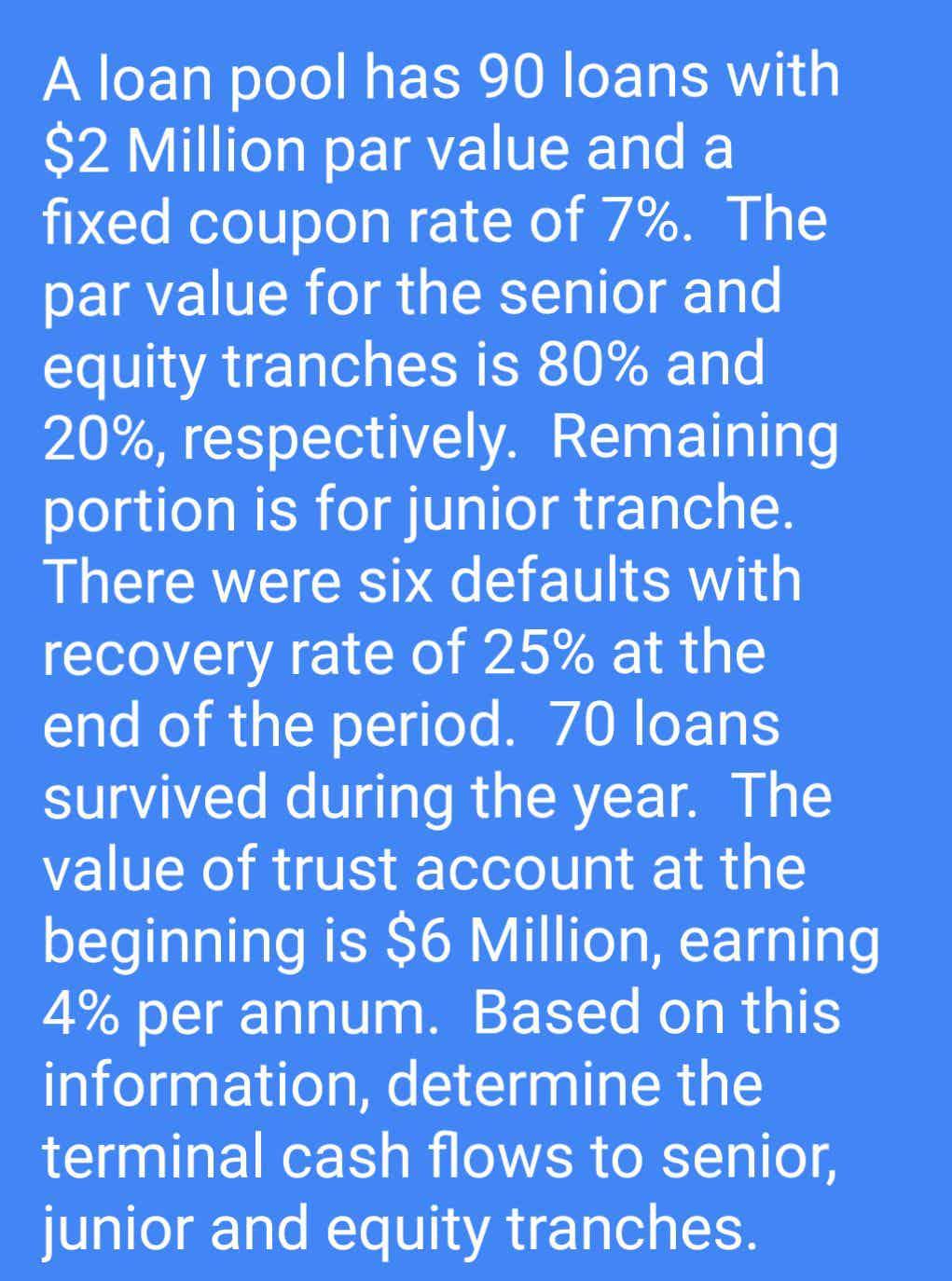 Solved A loan pool has 90 loans with $2 Million par value | Chegg.com