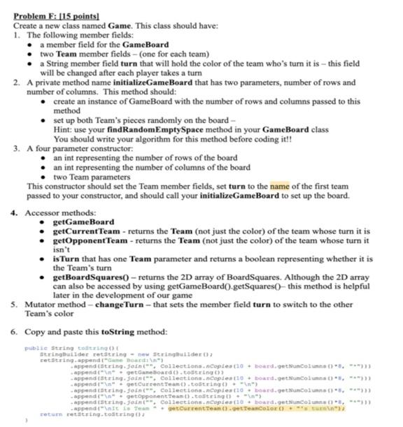 Solved Problem F: [15 points Create a new class named Game. | Chegg.com