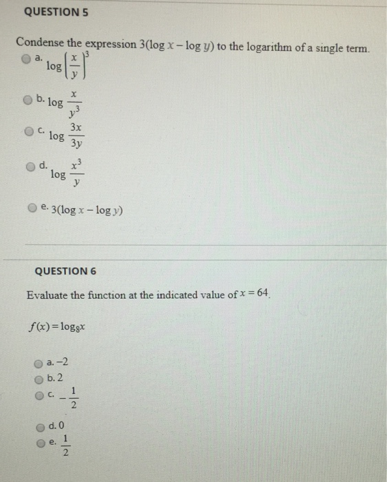 Solved QUESTION 5 Condense the expression 3(log x - log y) | Chegg.com