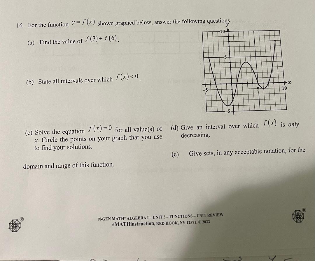 Solved For the function y=f(x) ﻿shown graphed below, answer | Chegg.com