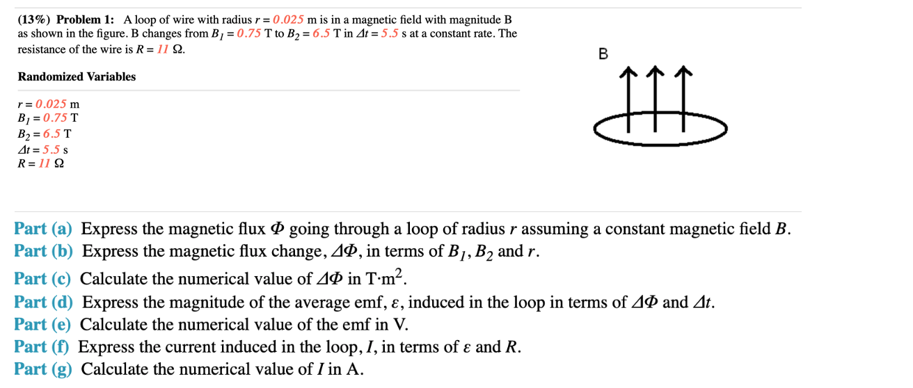 Solved (13%) Problem 1: A loop of wire with radius r = 0.025 | Chegg.com