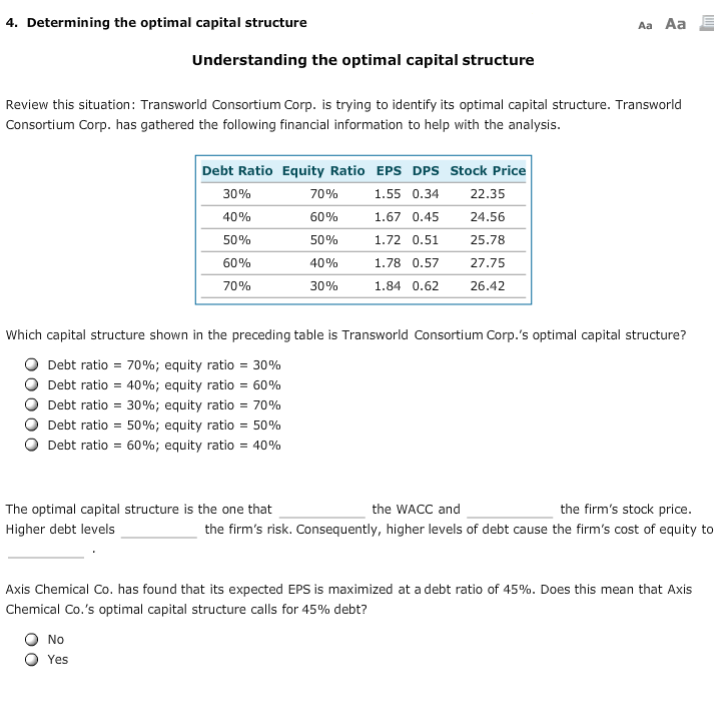 Solved 4. Determining the optimal capital structure Aa Aa | Chegg.com