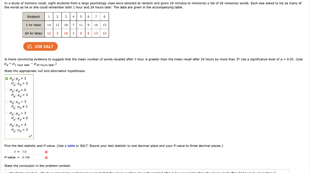 Solved In a study of memory recall, eight students from a | Chegg.com