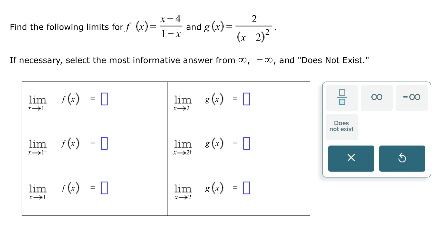 Solved Find the following limits ﻿for f(x)=x-41-x ﻿and | Chegg.com