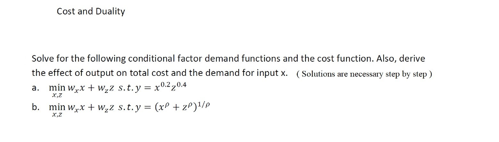 Solved Cost and Duality Solve for the following conditional | Chegg.com