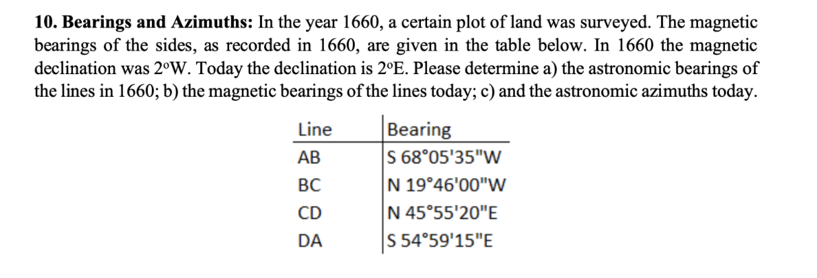Solved 10. Bearings and Azimuths: In the year 1660 , a | Chegg.com