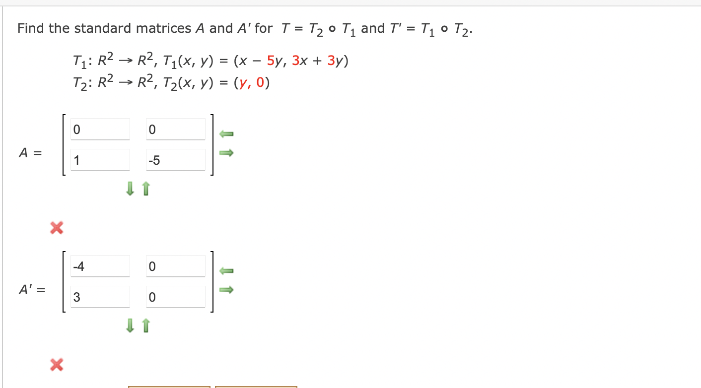 Solved Find the standard matrices A and A′ for T=T2∘T1 and | Chegg.com