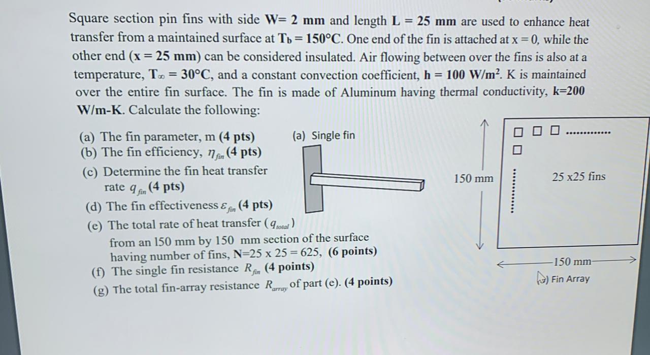 Solved Square section pin fins with side W= 2 mm and length | Chegg.com