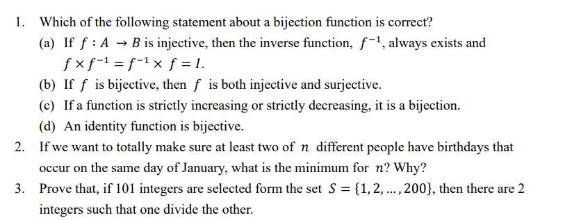 Solved 1. Which of the following statement about a bijection | Chegg.com