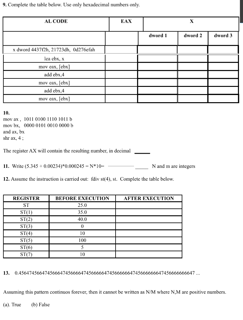 Solved 9. Complete the table below. Use only hexadecimal | Chegg.com