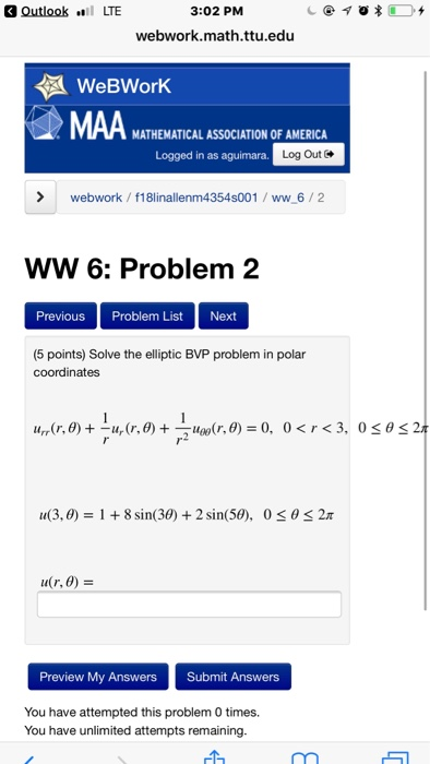 Solved 3 OutlookLTE 3:02 PM webwork.math.ttu.edu WeBWork | Chegg.com