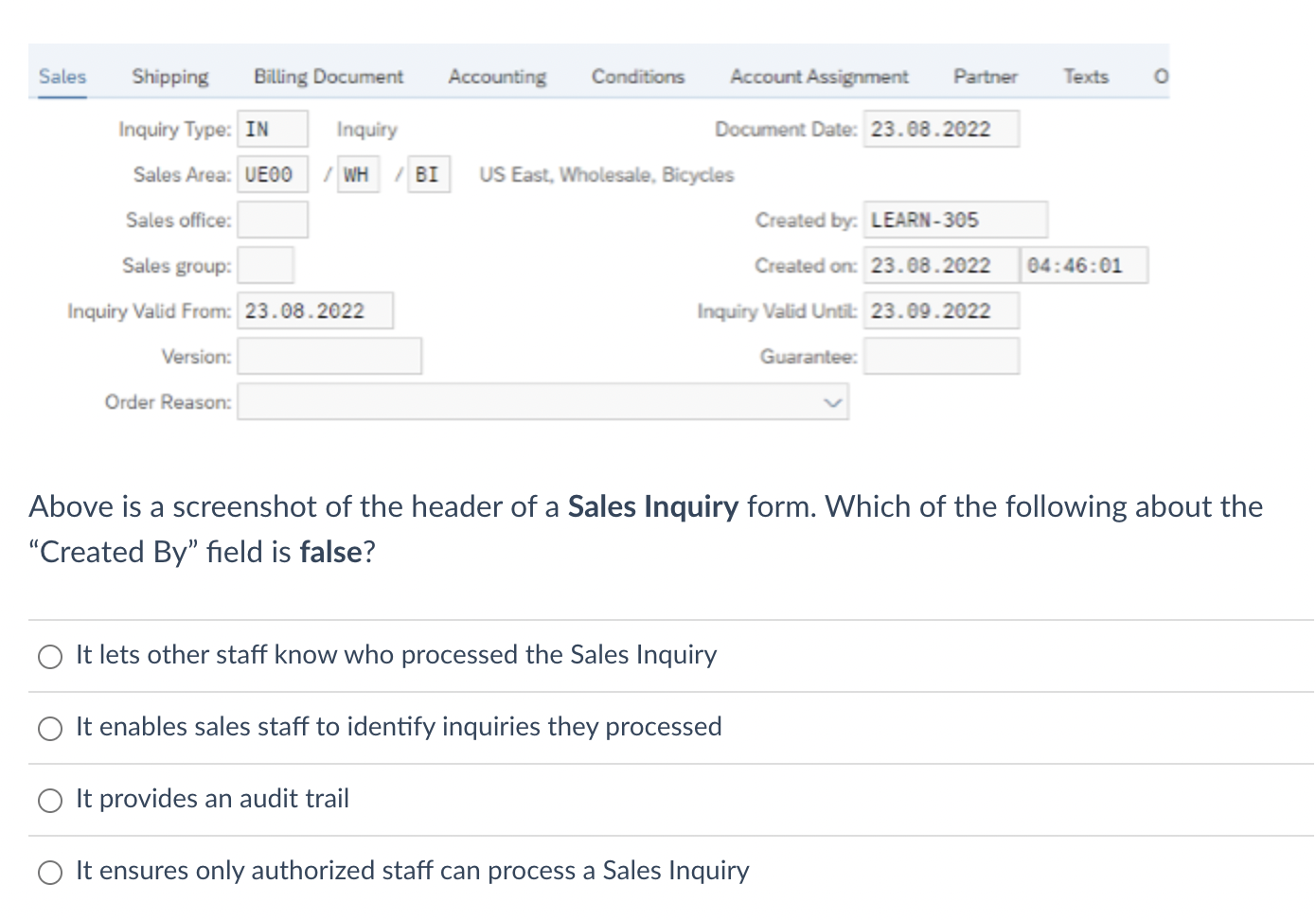 Solved Above is a screenshot of the header of a Sales | Chegg.com