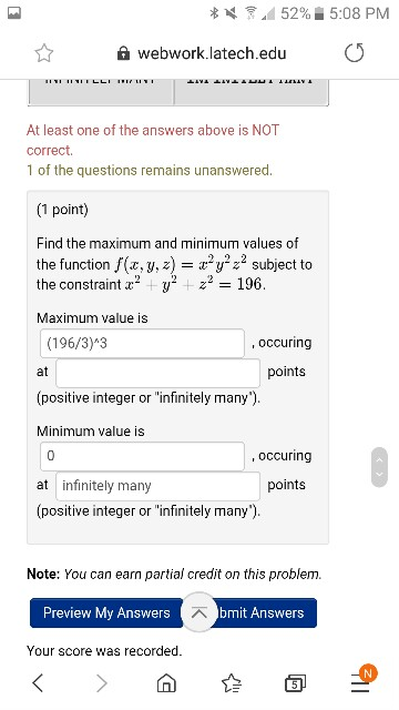 Solved * 52% 5:08 PM ☆ webwork.latech.edu 0 At least one of | Chegg.com