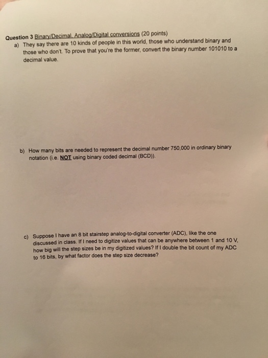 Solved Binan Decimal Analog Digital Conversions 20 Points