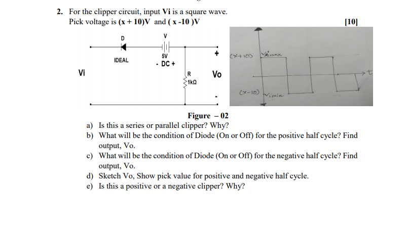Solved 2. For the clipper circuit, input Vi is a square | Chegg.com