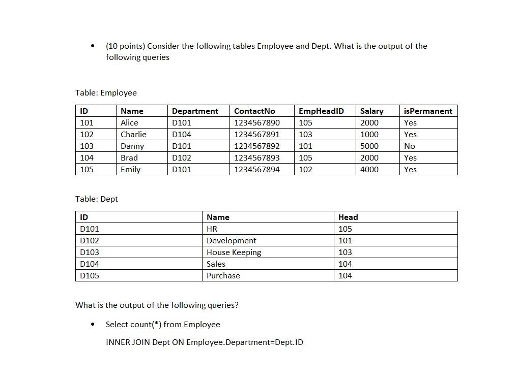 Solved - (10 points) Consider the following tables Employee | Chegg.com