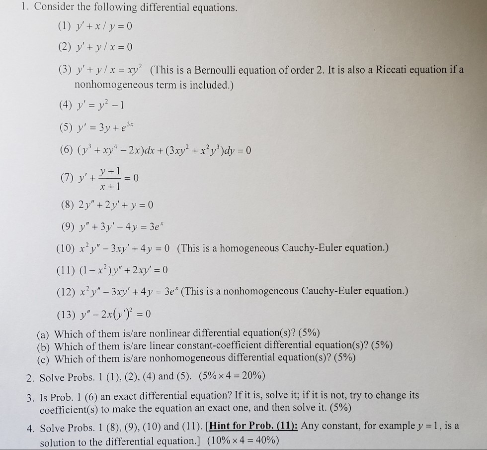 Solved 1 Consider The Following Differential Equations 1 Chegg