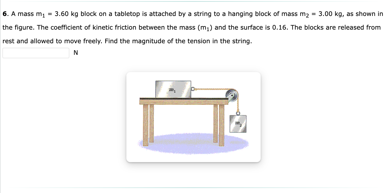 Solved 6. A mass m1=3.60 kg block on a tabletop is attached | Chegg.com